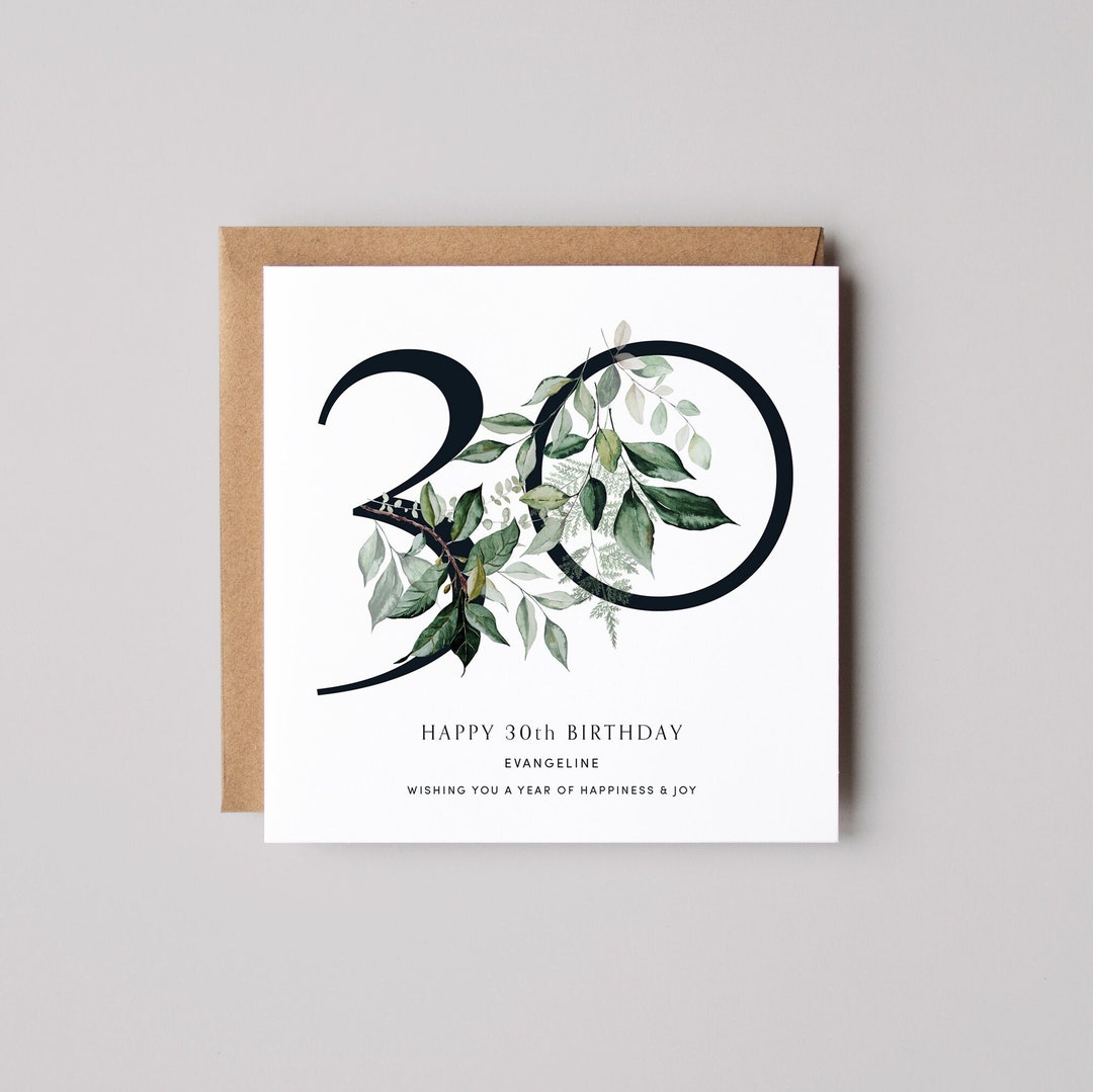 Personalised 30th Birthday Card Watercolour Floral Card Monogram Number ...