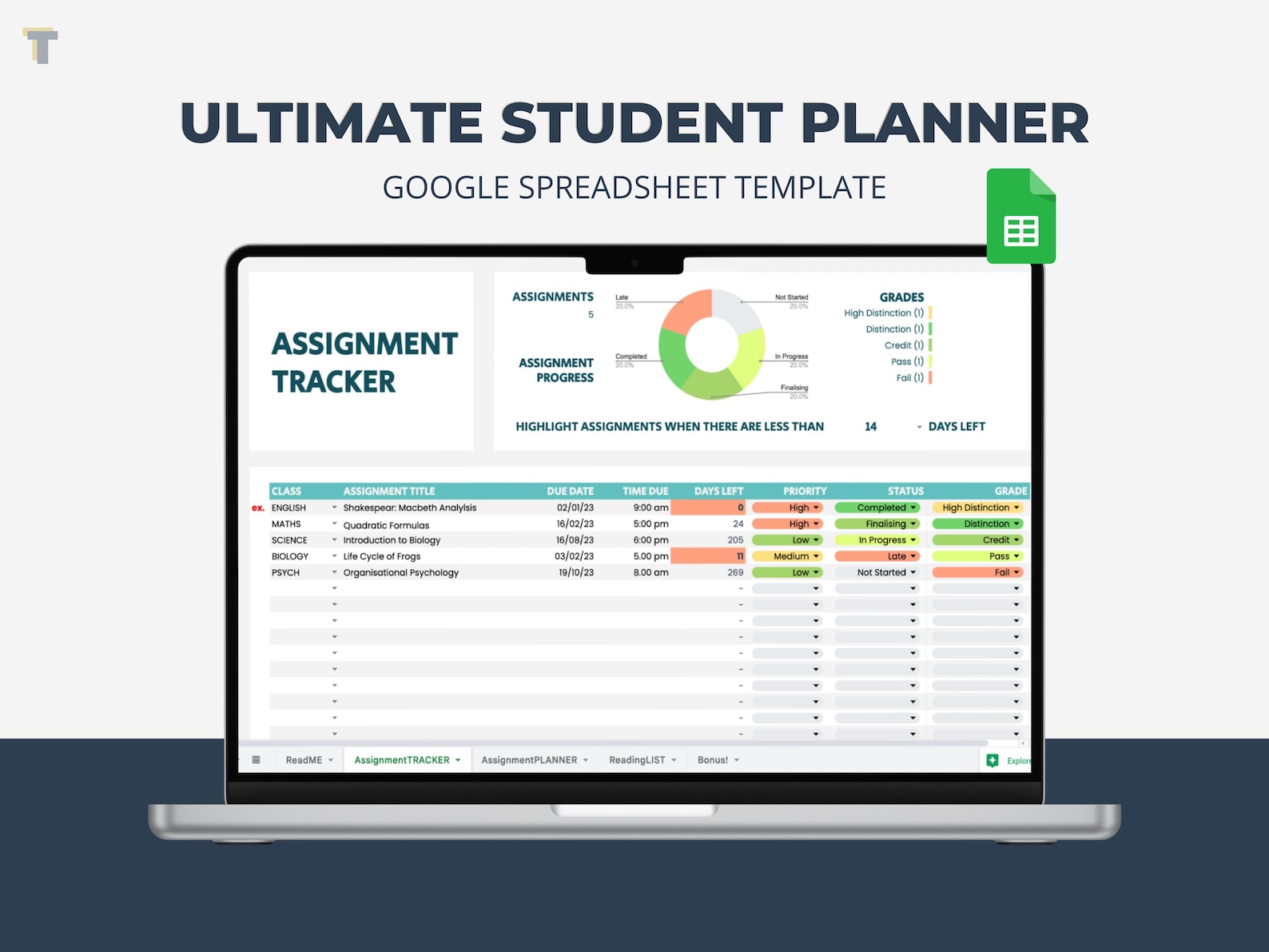 Assignment Tracker & Planner | Google Sheets Homework Organiser ...