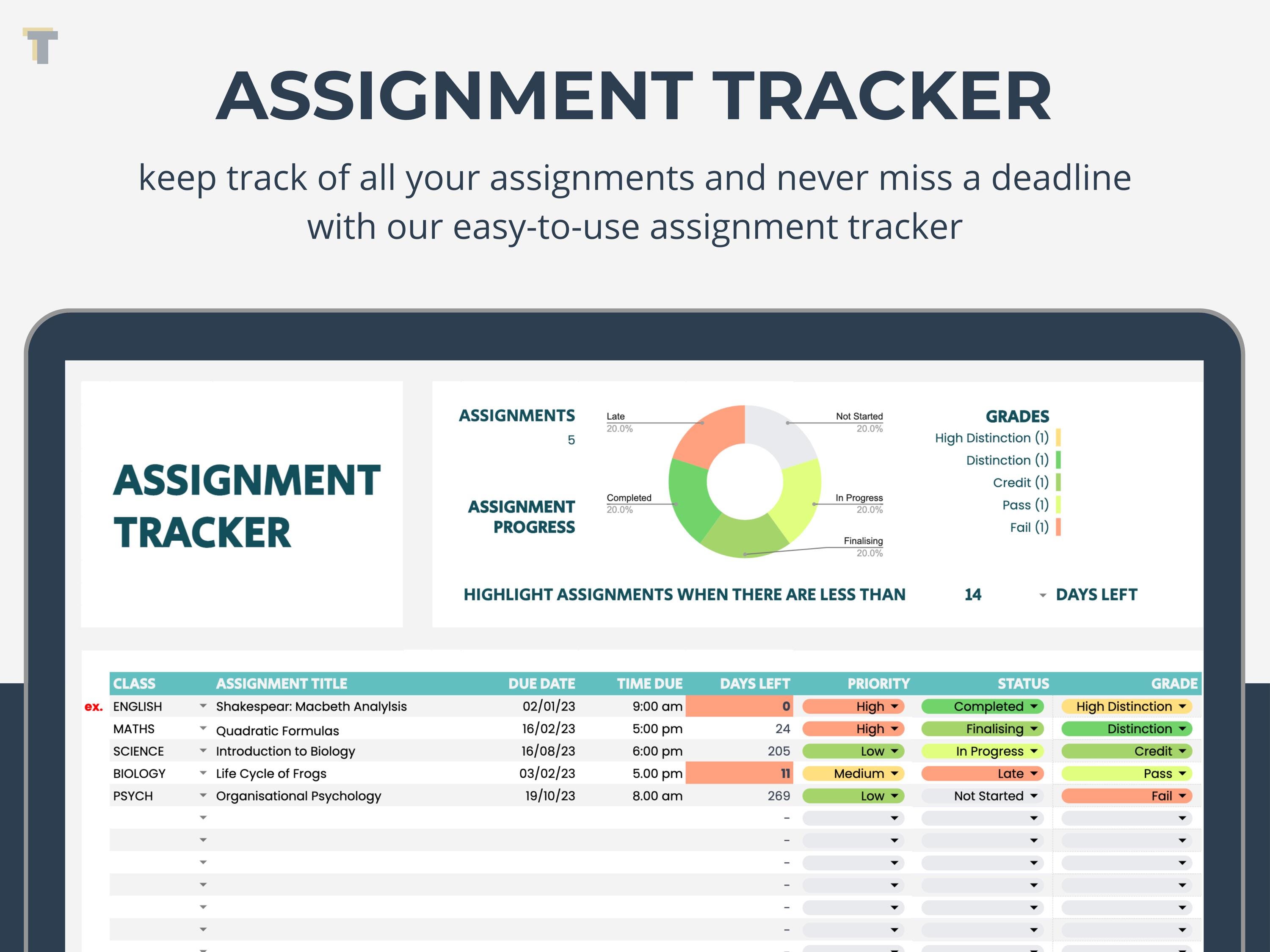 Assignment Tracker & Planner | Google Sheets Homework Organiser ...