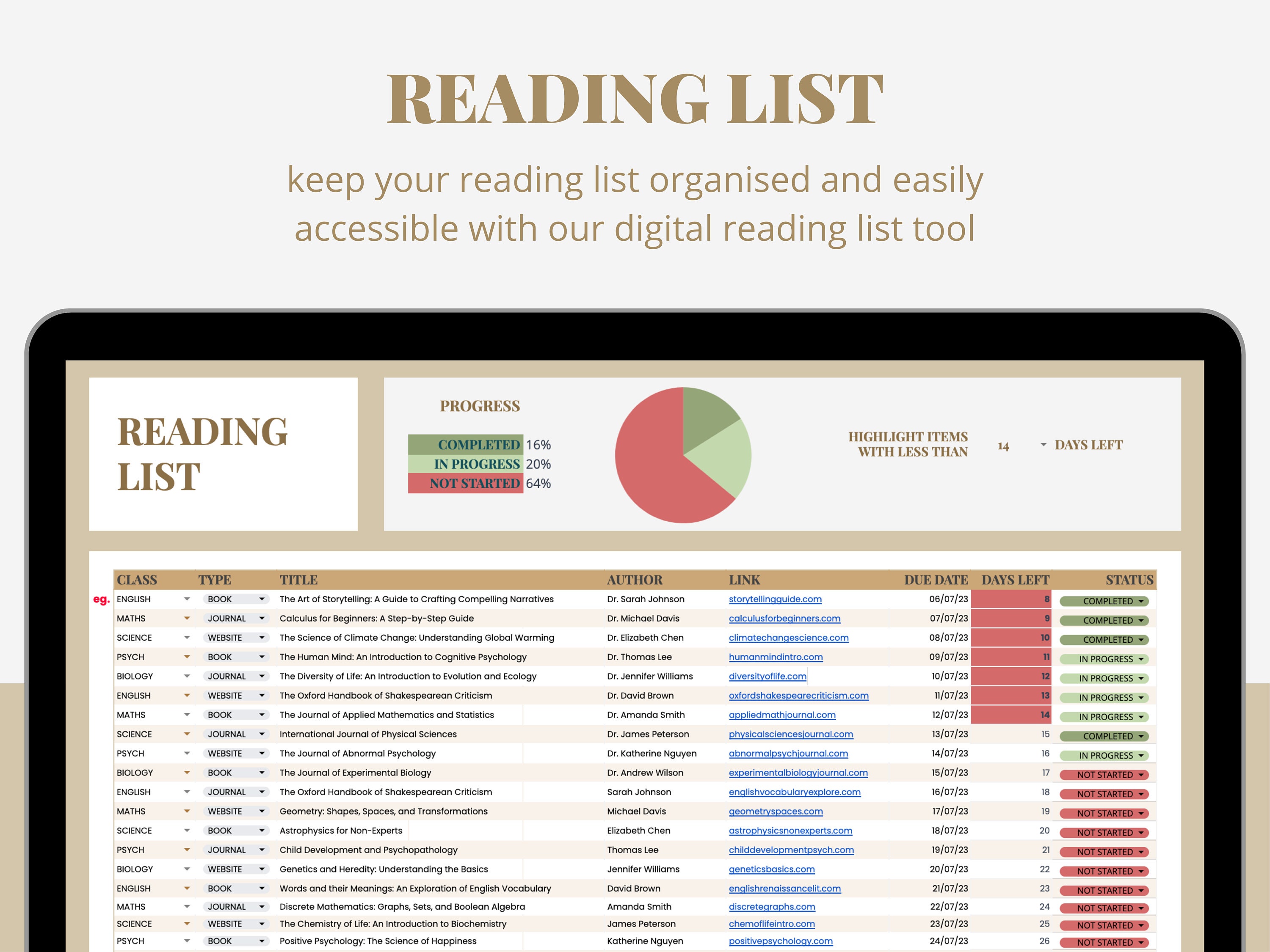 Assignment Tracker & Planner Google Sheets Homework Organiser Digital ...