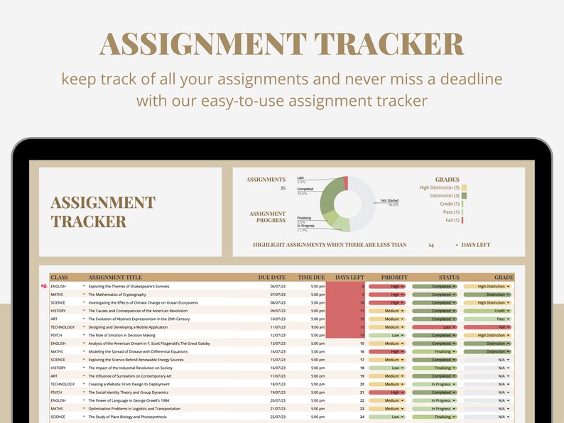 Assignment Tracker & Planner Google Sheets Homework Organiser Digital ...