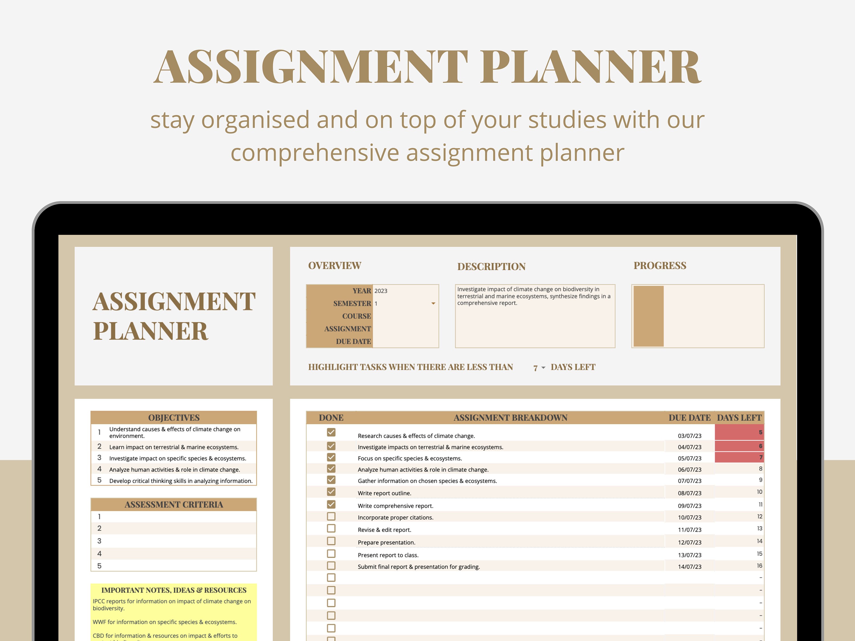 Assignment Tracker & Planner Google Sheets Homework Organiser Digital ...