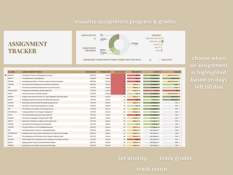 Assignment Tracker & Planner Google Sheets Homework Organiser Digital ...