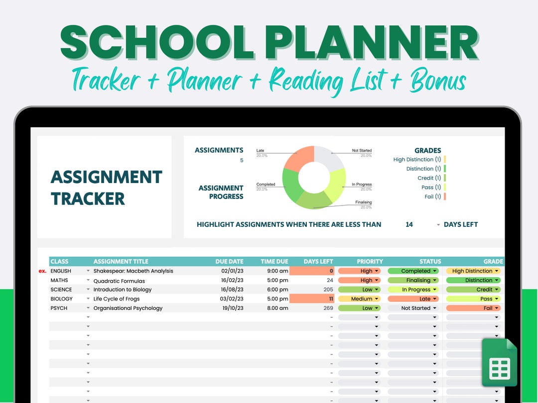 Assignment Tracker Planner Google Sheets Homework Planner - Etsy