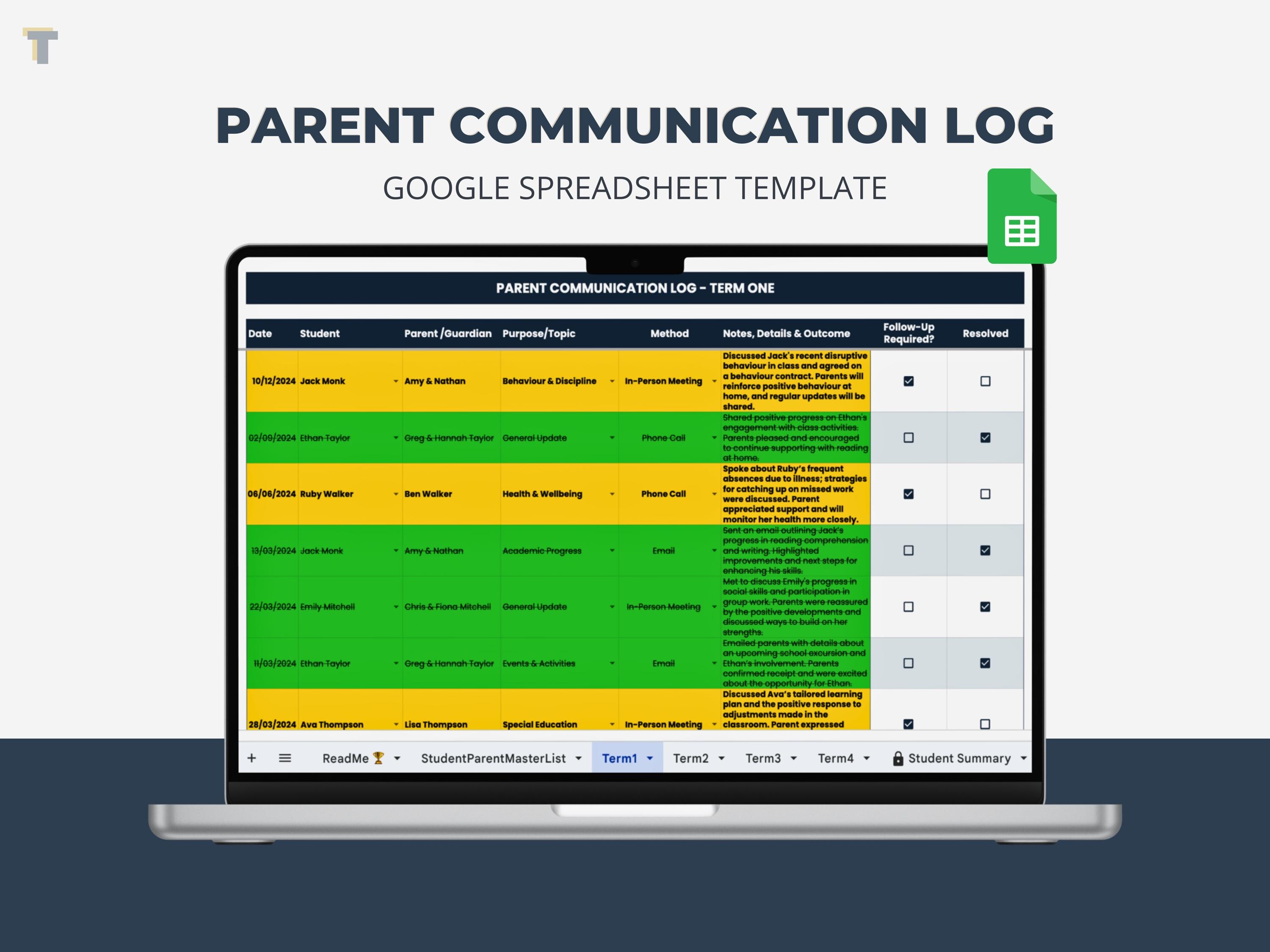 Parent Communication Log & Tracker | Google Sheets Teacher Template ...
