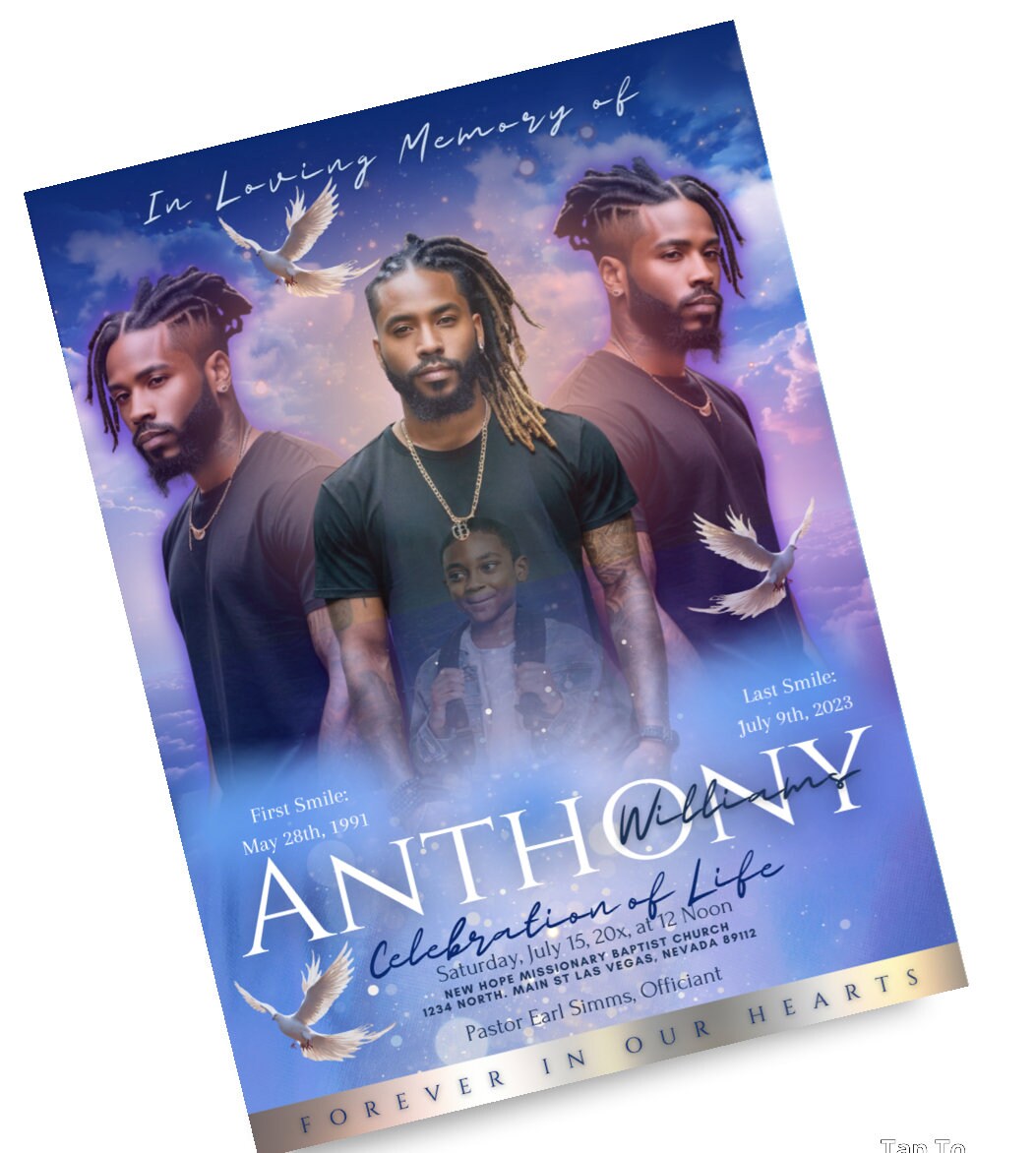 Funeral Obituary Mens Blue Heaven Elegant Editable Template 8,5x11 4 ...