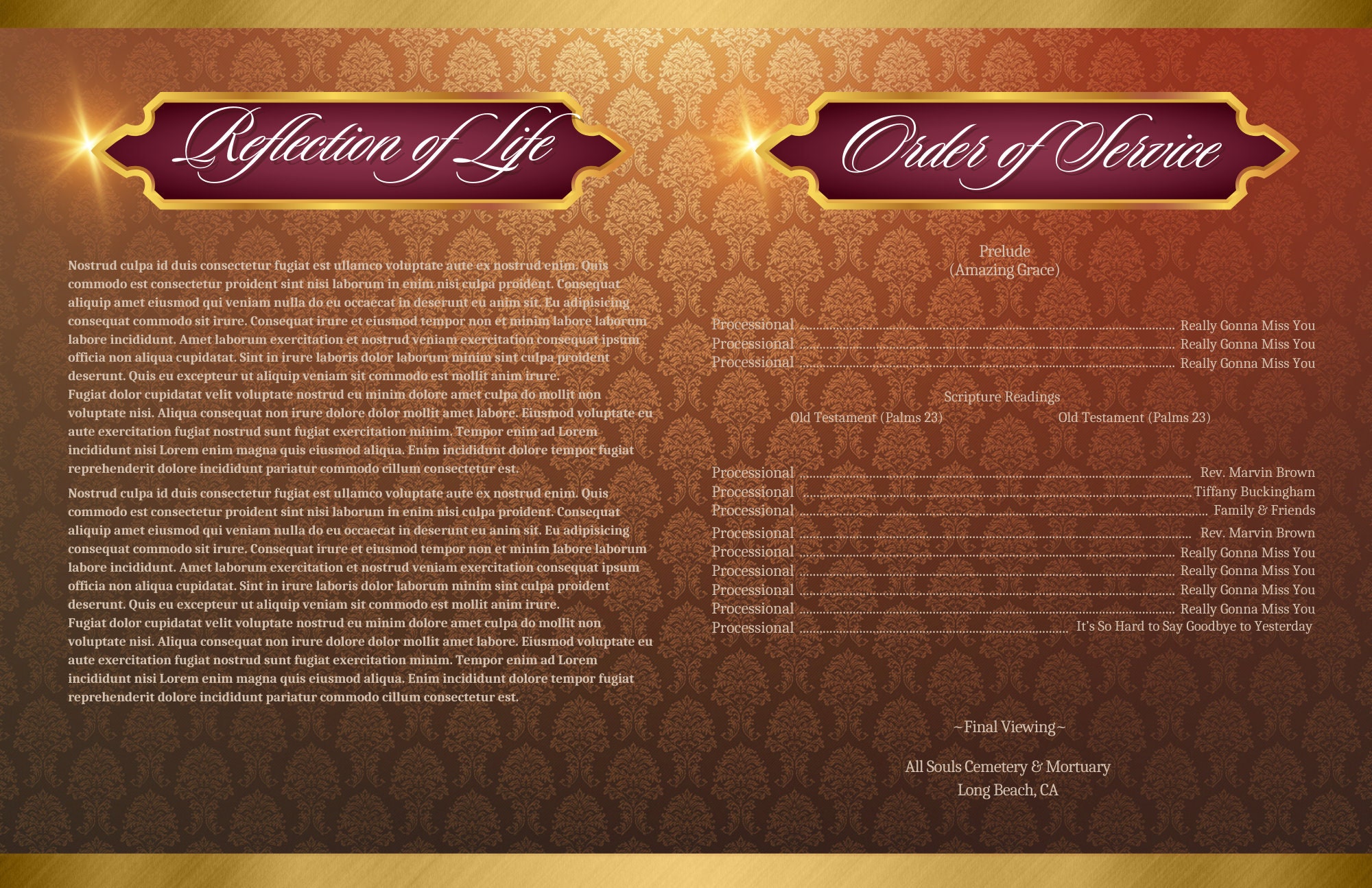 Elegant Brown and Gold DIY Funeral Obituary Template 17x11 4 Pages - Etsy