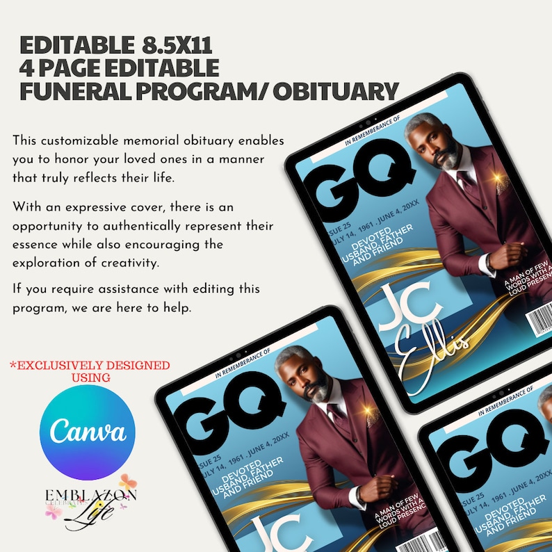 Mens Magazine Style 8.5x11 Funeral Obituary Booklet Template - Etsy