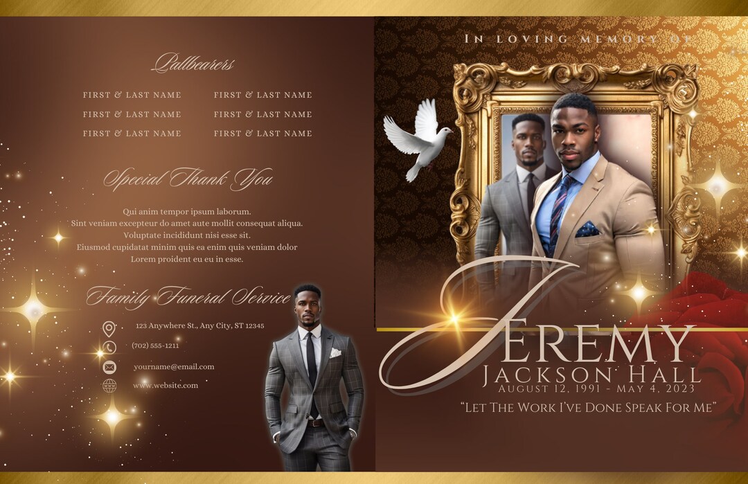 Elegant Brown and Gold DIY Funeral Obituary Template 17x11 4 Pages - Etsy
