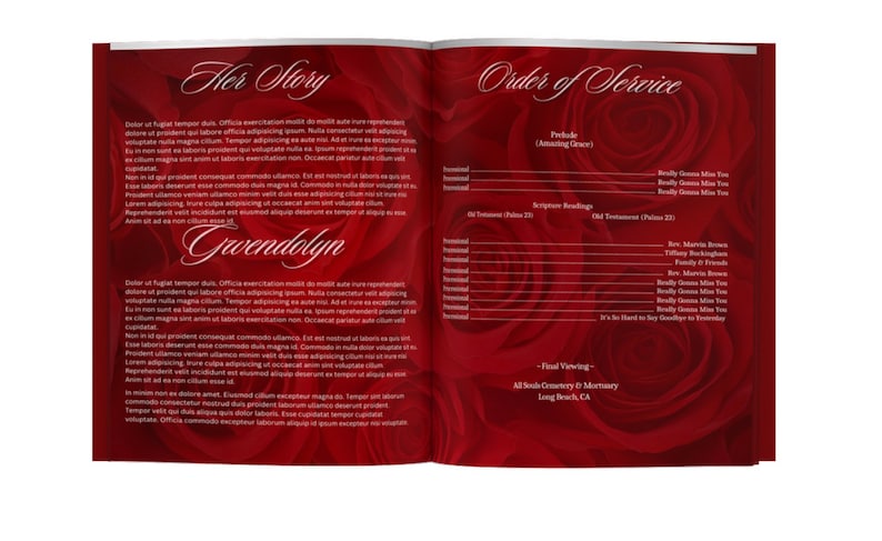 17x11 Red Roses Memorial Funeral Obituary DIY Template (folds Into 8 ...