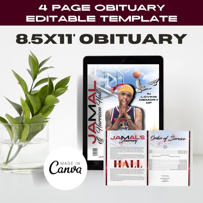 8.5x11 Template 4pages Red/ White Basketball Theme Funeral Program ...