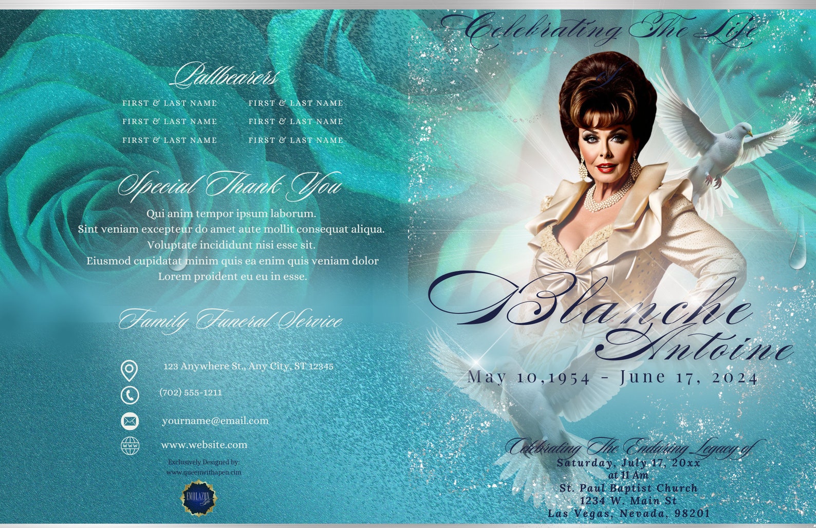 Elegant Teal 17x11 Editable Obituary Template 4-page - Etsy