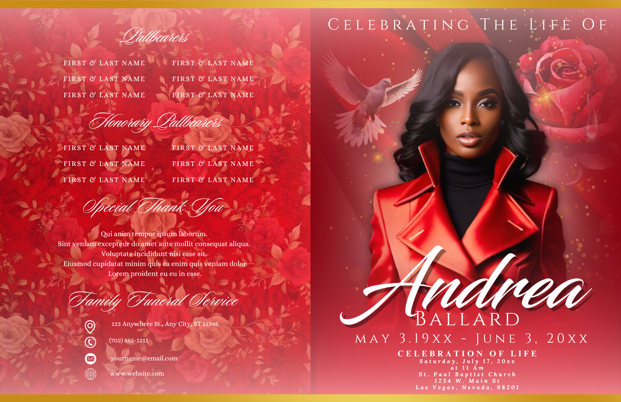 Elegant Red Rose DIY Funeral Obituary Template 17x11 4 Pages (VERY EASY ...