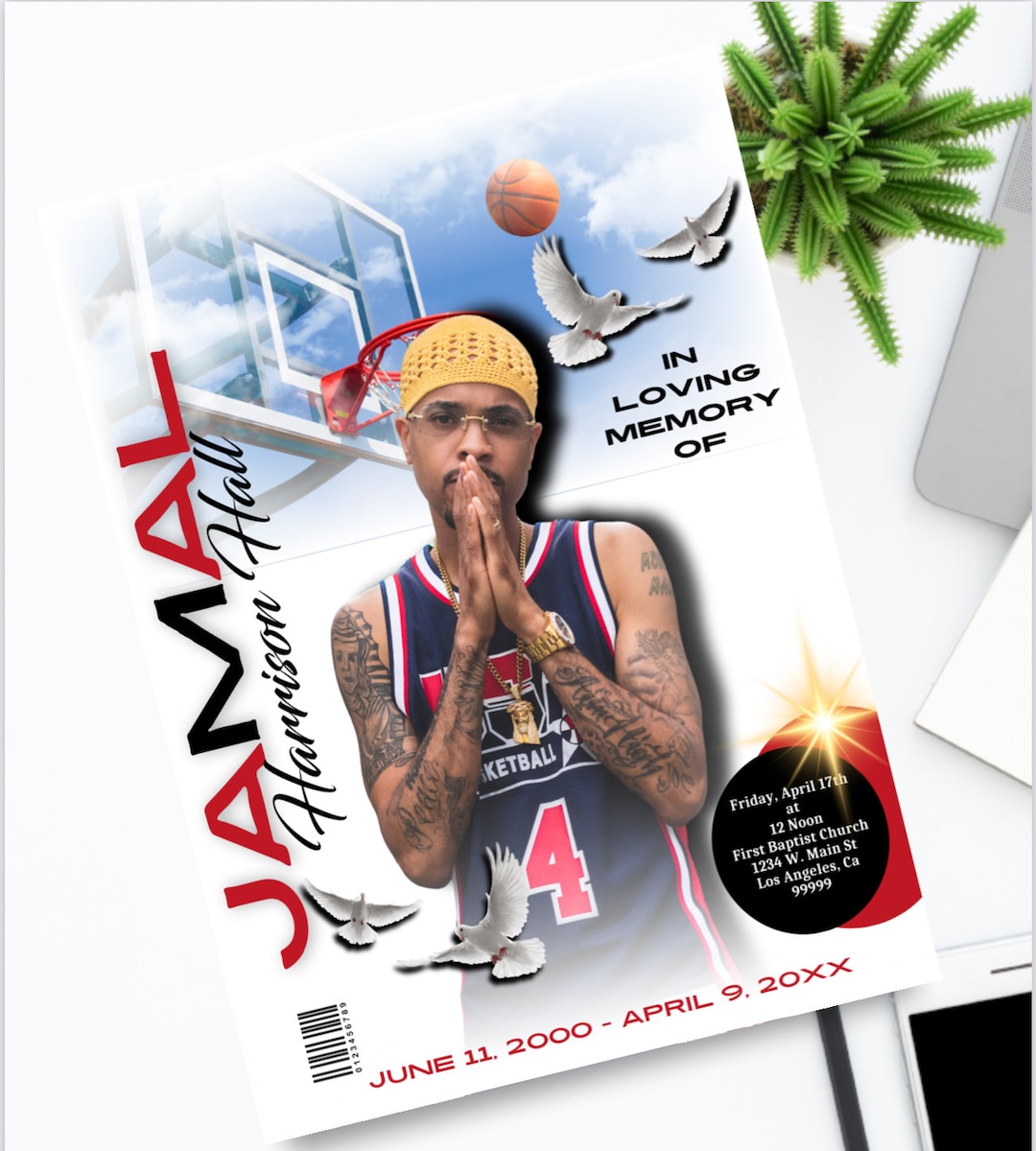 8.5x11" Template (4pages ) | Red/ White Basketball Theme Funeral ...