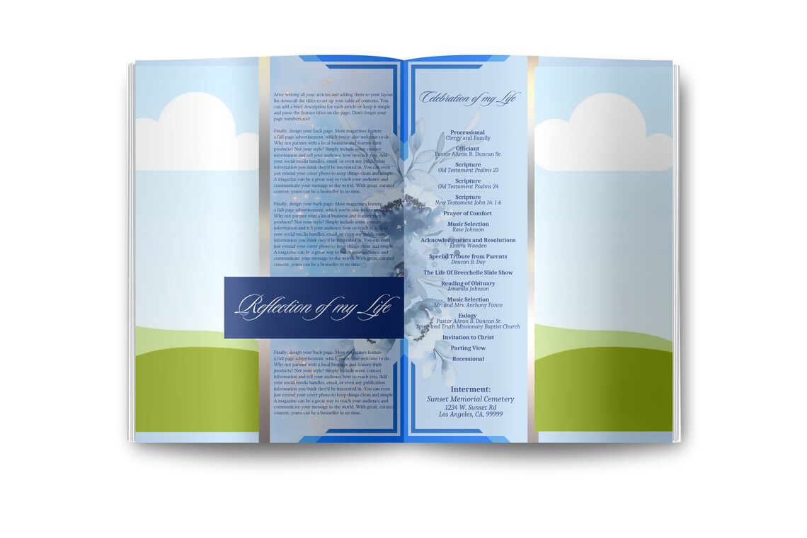 Funeral Obituary Mens Blue Heaven Elegant Editable Template 8,5x11 4 ...
