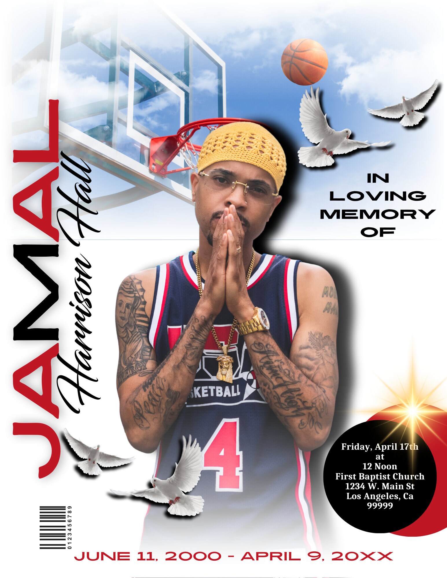 8.5x11 Template 4pages Red/ White Basketball Theme Funeral Program ...
