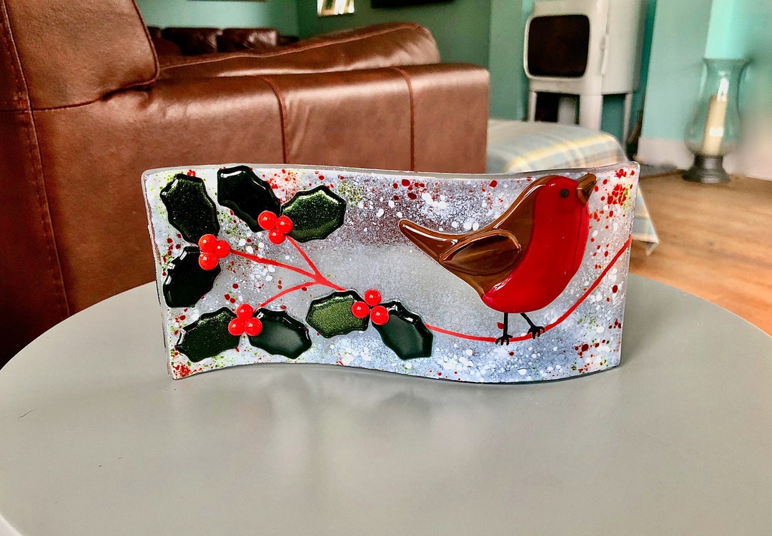 Robin and Holly Fused Glass Christmas Decoration Wave, Robins, Ornament ...