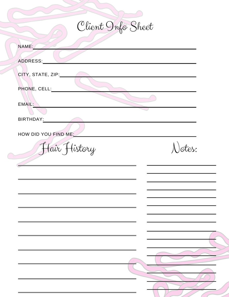 Hair Stylist Tools in My Pink Boho Design Client Information Sheet ...