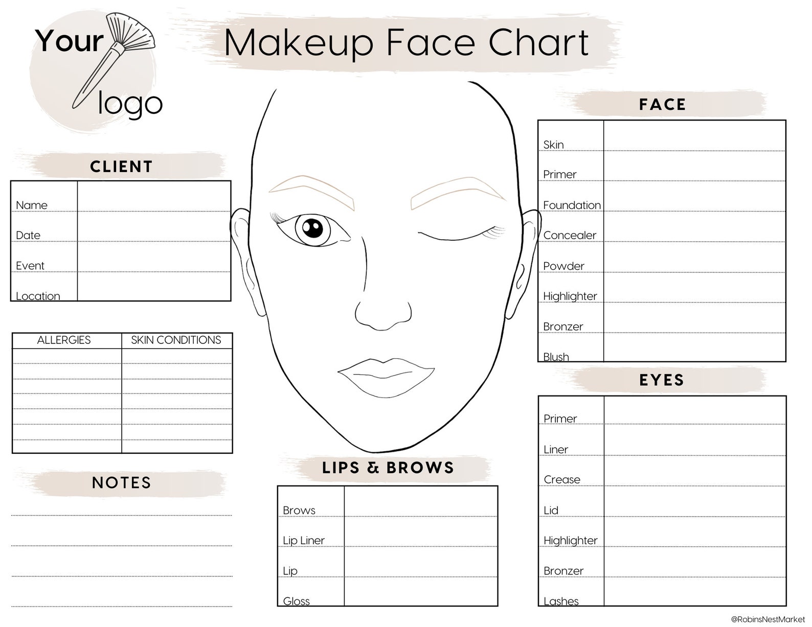 EDITABLE Makeup Artist Form Face Chart Makeup Consultation - Etsy