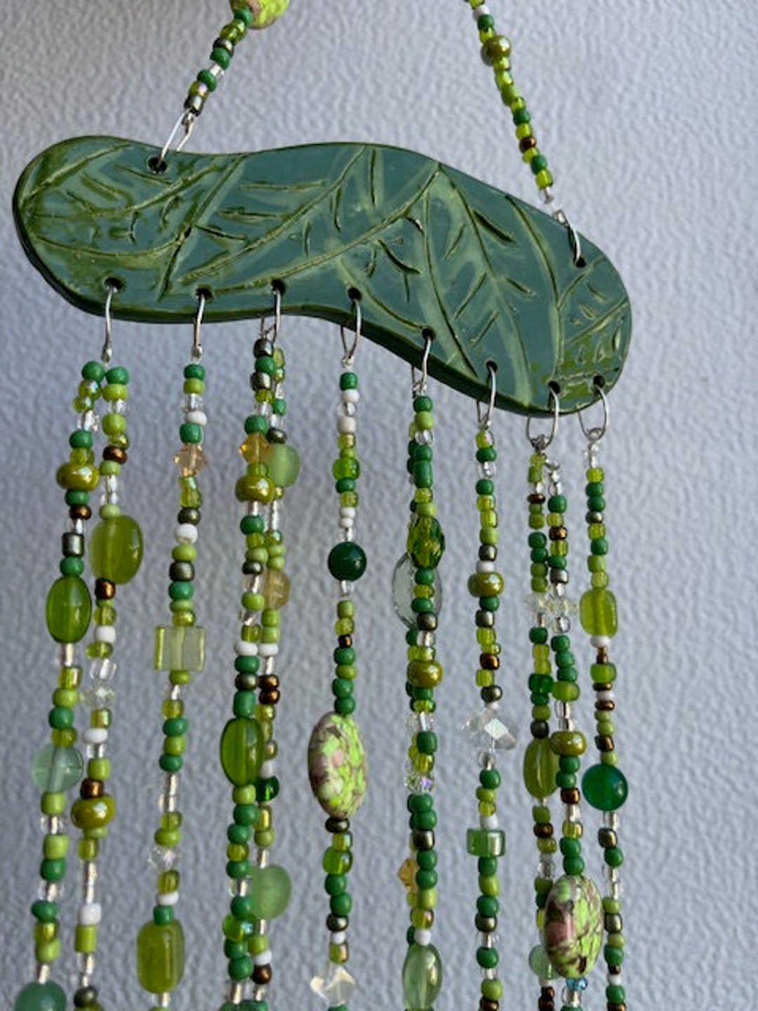 Wind Chimes, Green Glass Beads, Garden Art, Crystals, Clay and Metal ...