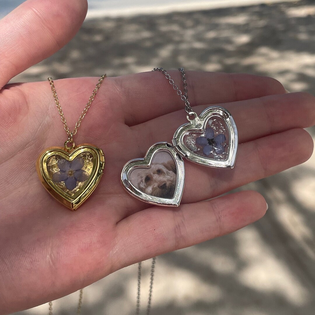 Gold and Silver Plated Forget Me Not Resin Locket Necklace, Dainty ...