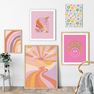 Retro Groovy Art Set of 5 Prints | Pastel 70s Gallery Wall | Colorful ...