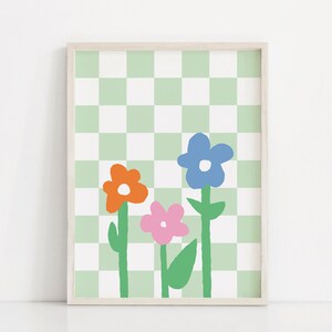 Checkers and Flowers Art Print | Retro Flower Wall Art | Groovy Pastel ...
