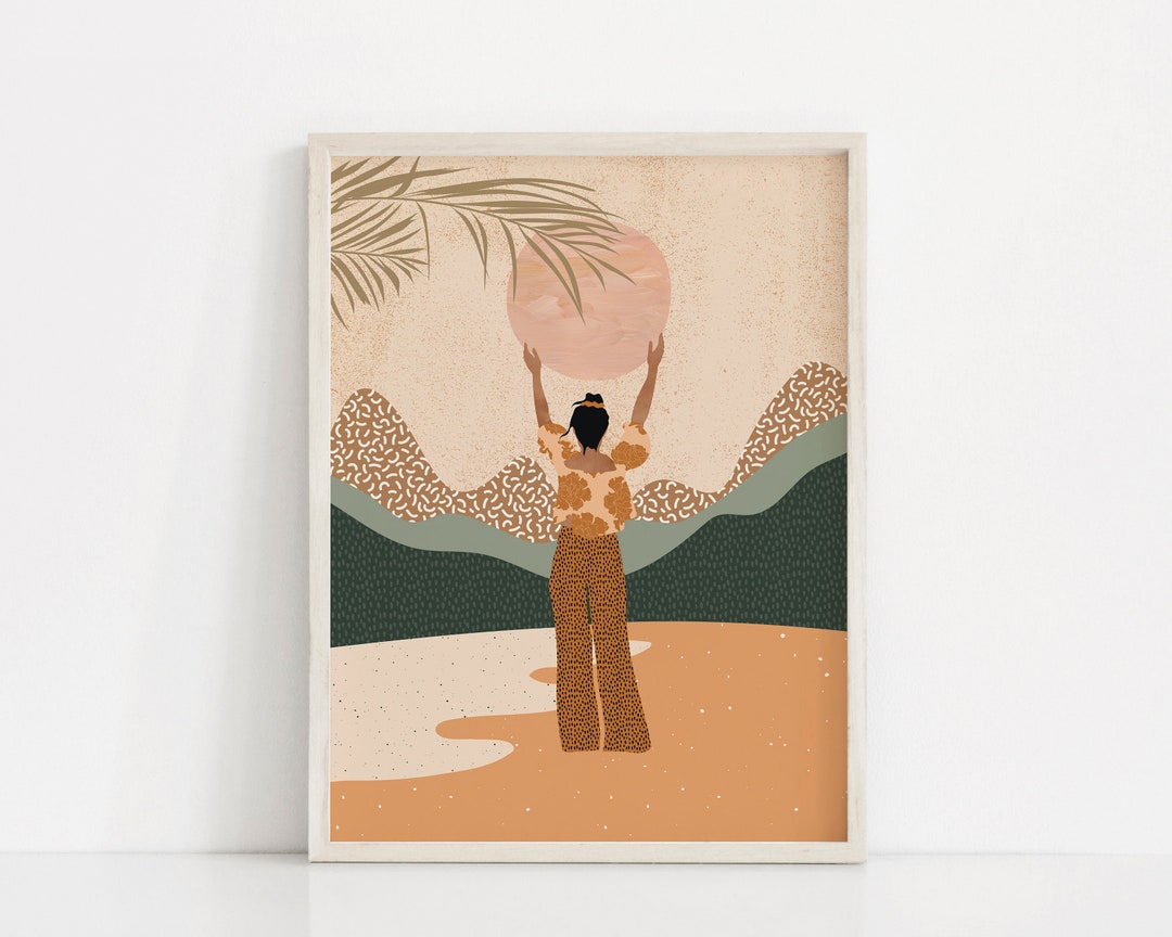 Holding Sun Art Print | Boho Desert Woman Poster | Polka Dot Pattern ...