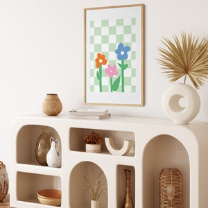 Checkers and Flowers Art Print | Retro Flower Wall Art | Groovy Pastel ...