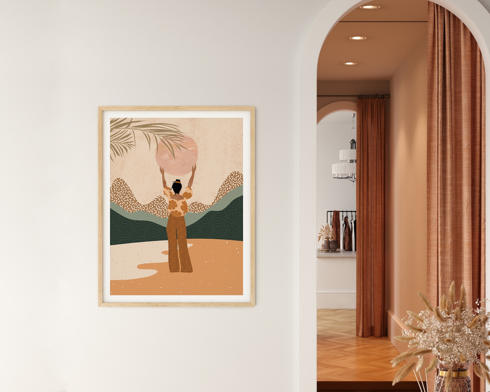 Holding Sun Art Print Boho Desert Woman Poster Polka Dot | Etsy