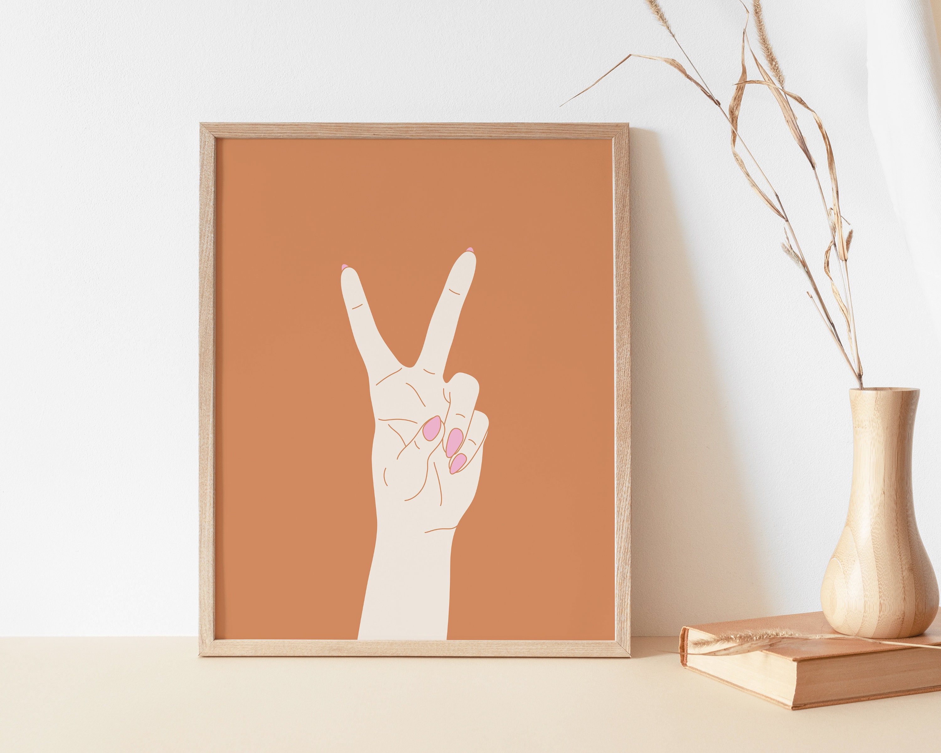 Peace Sign Art Print | Woman With Long Nails Poster | Line Art Female ...
