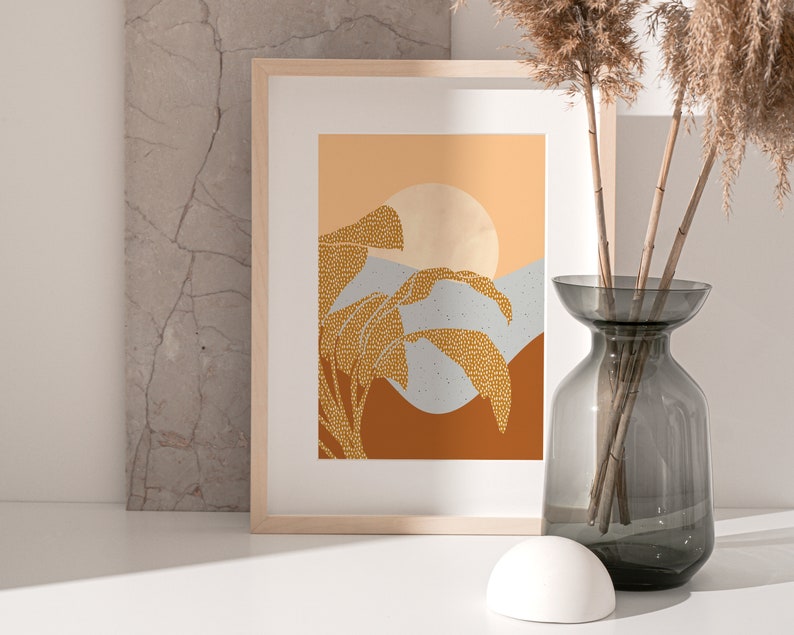 Full Moon Landscape Art Print Tropical Plant Leaf Poster - Etsy