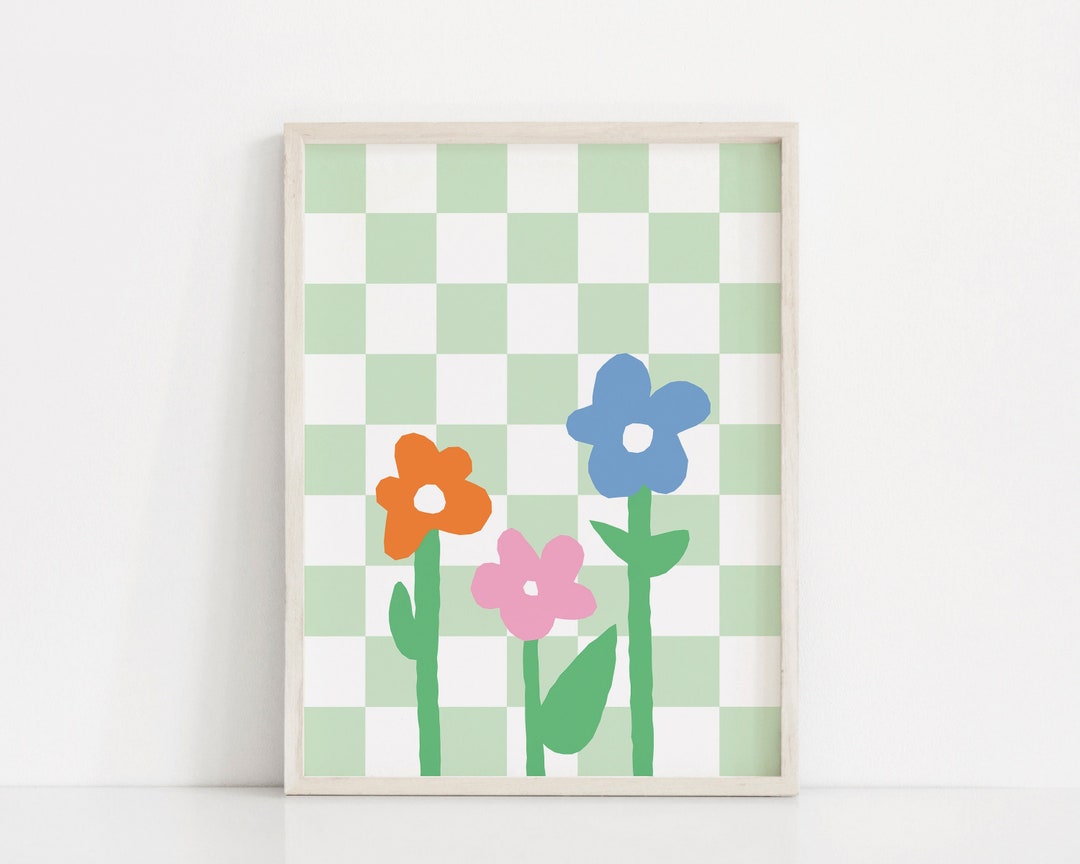 Checkers and Flowers Art Print | Retro Flower Wall Art | Groovy Pastel ...