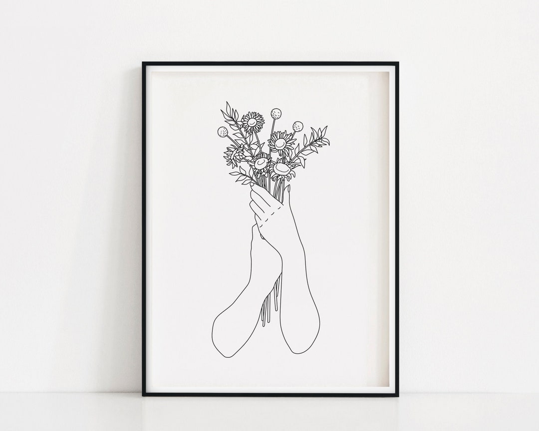Holding Flowers Art Print | Arms With Floral Bouquet Wall Art | Line ...
