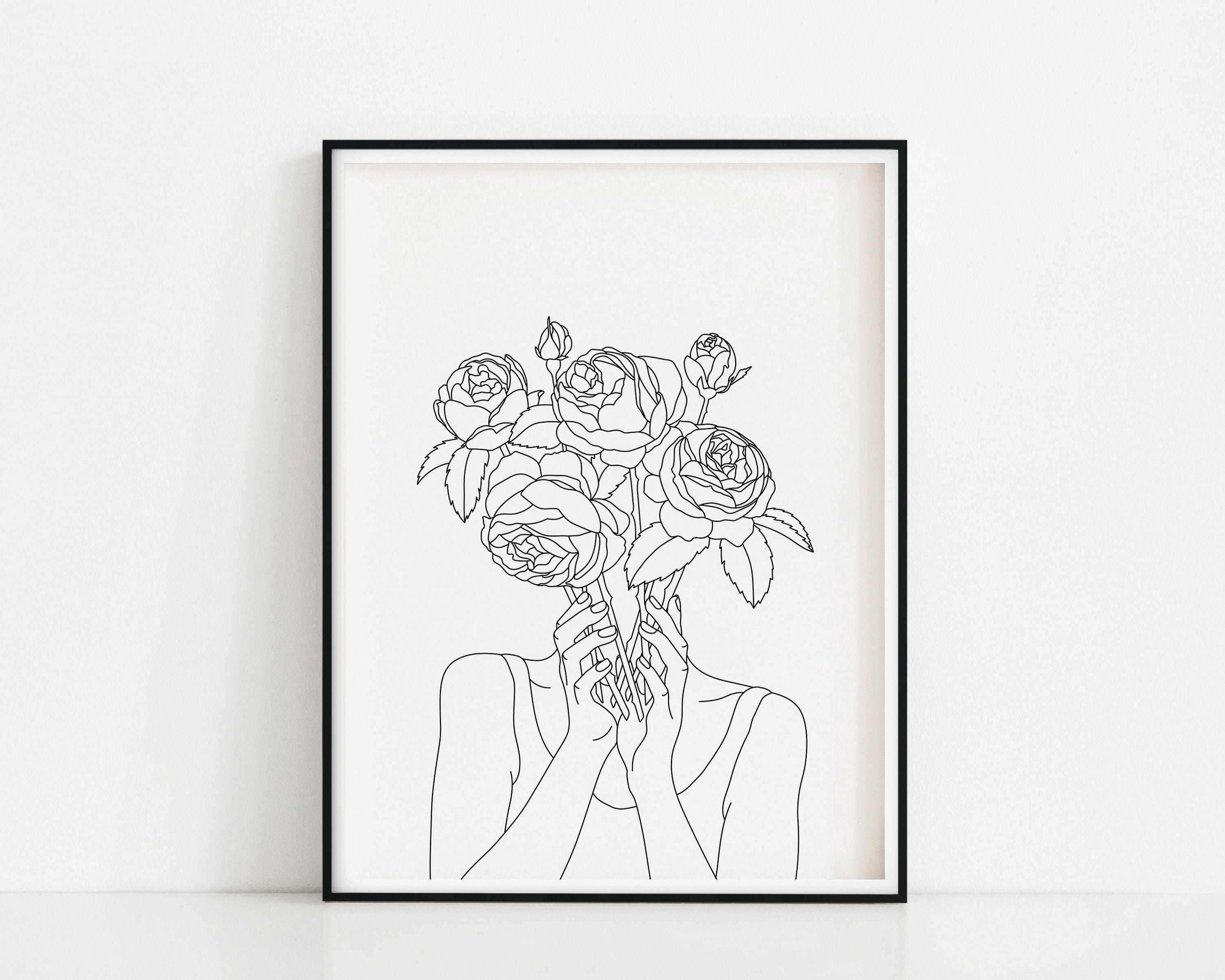 Rose Head Art Print | Woman With Flowers Poster | Rose Bouquet Wall Art ...