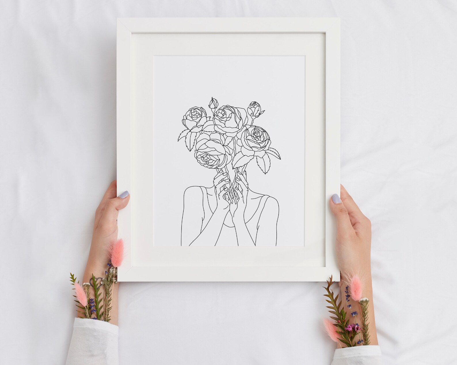 Rose Head Art Print Woman With Flowers Poster Rose Bouquet | Etsy