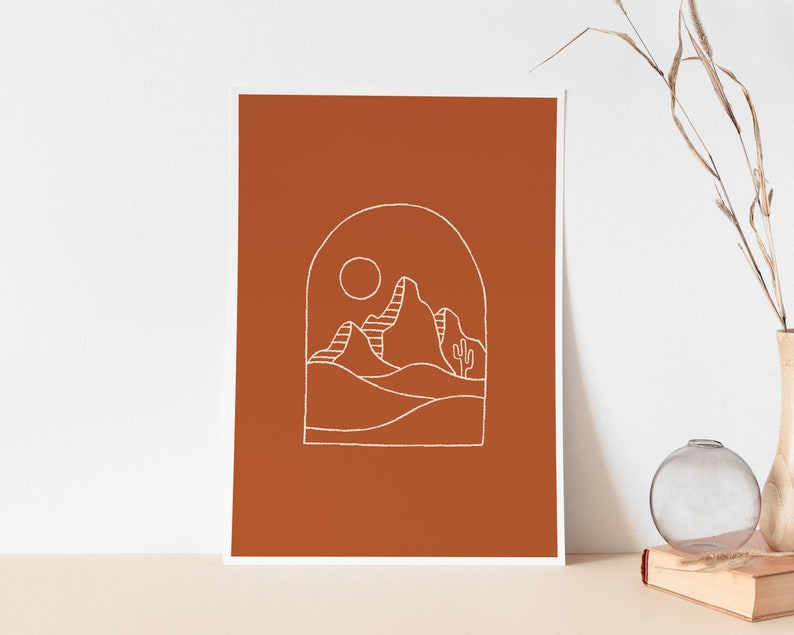Desert Sun Art Print | Minimal Landscape Poster | Line Drawing ...