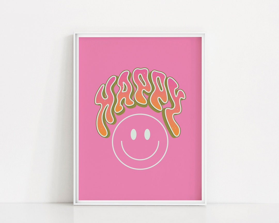 Happy Smiley Face Art Print | Groovy Happiness Poster | 70s Wavy Font ...