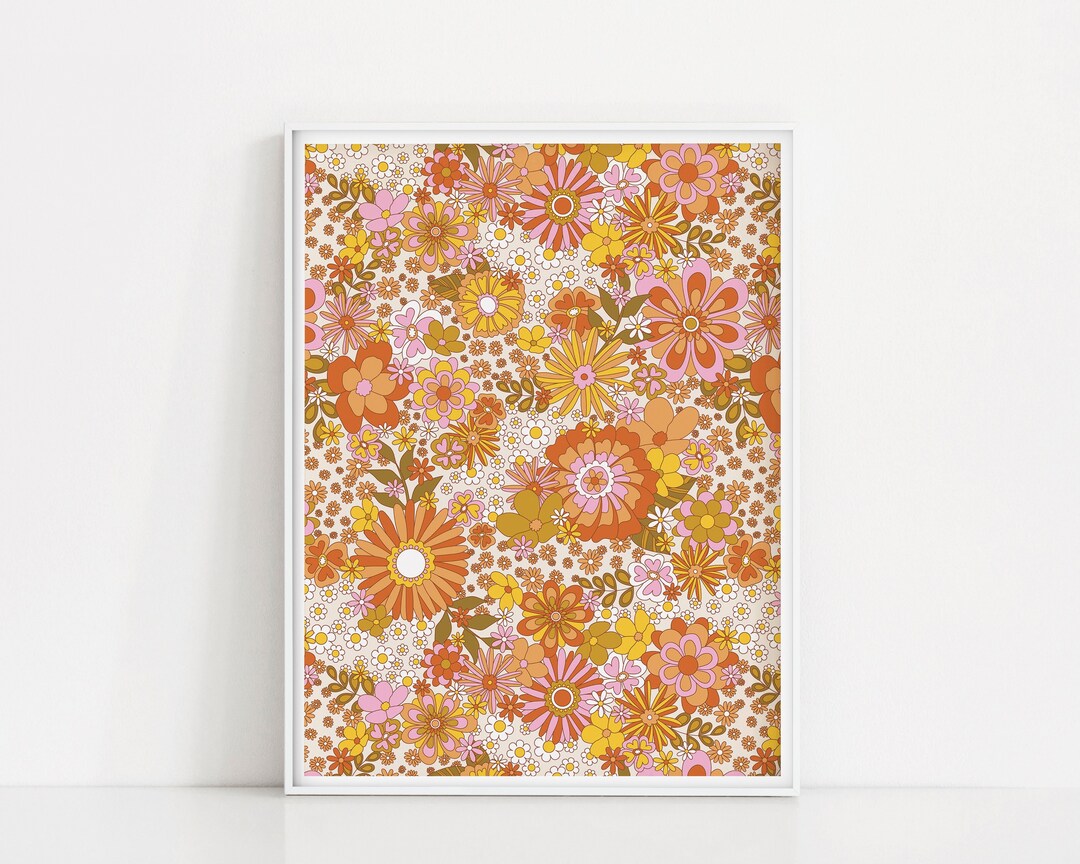70s Floral Pattern Art Print | Retro Daisy Flower Wall Art | Pink and ...