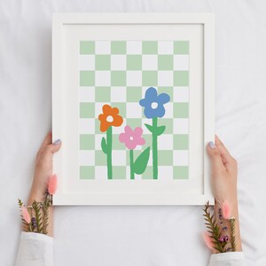 Checkers and Flowers Art Print | Retro Flower Wall Art | Groovy Pastel ...
