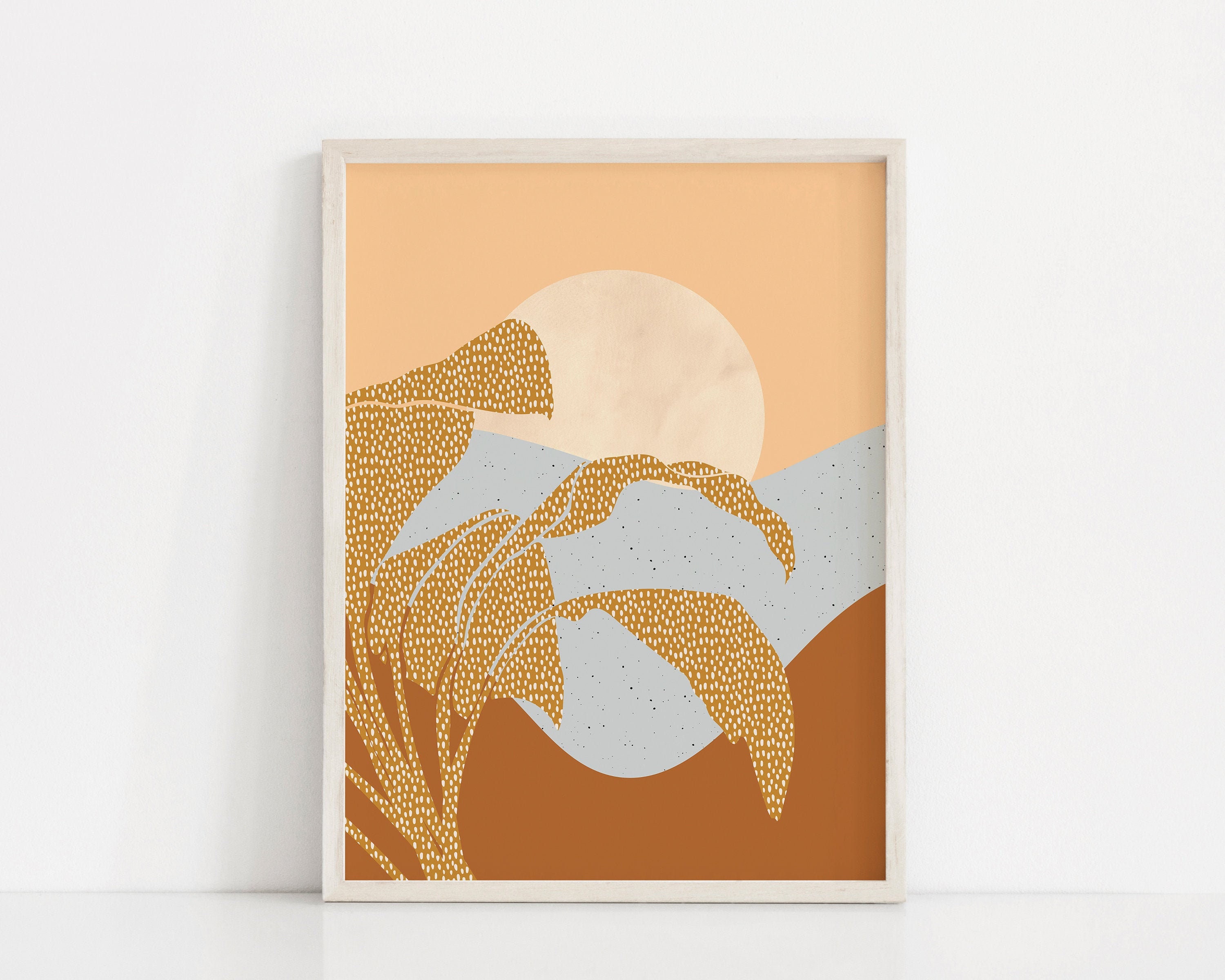 Full Moon Landscape Art Print Tropical Plant Leaf Poster | Etsy