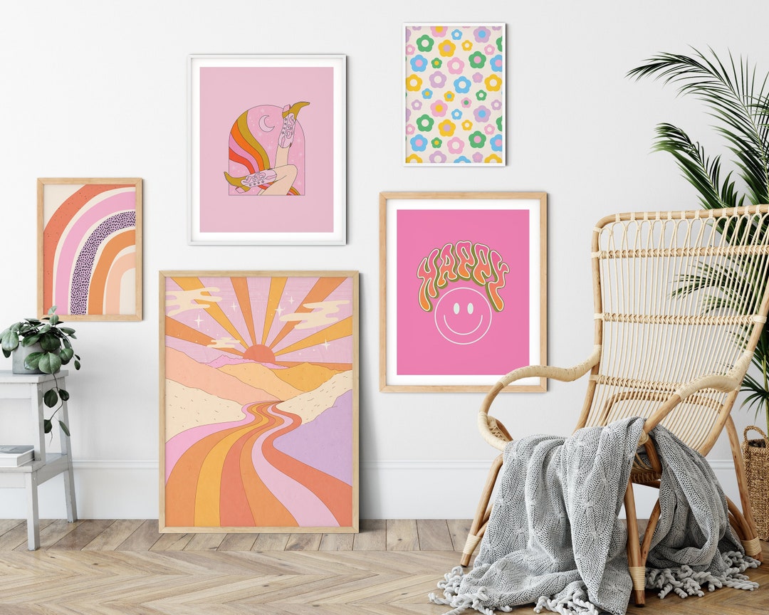 Retro Groovy Art Set of 5 Prints | Pastel 70s Gallery Wall | Colorful ...