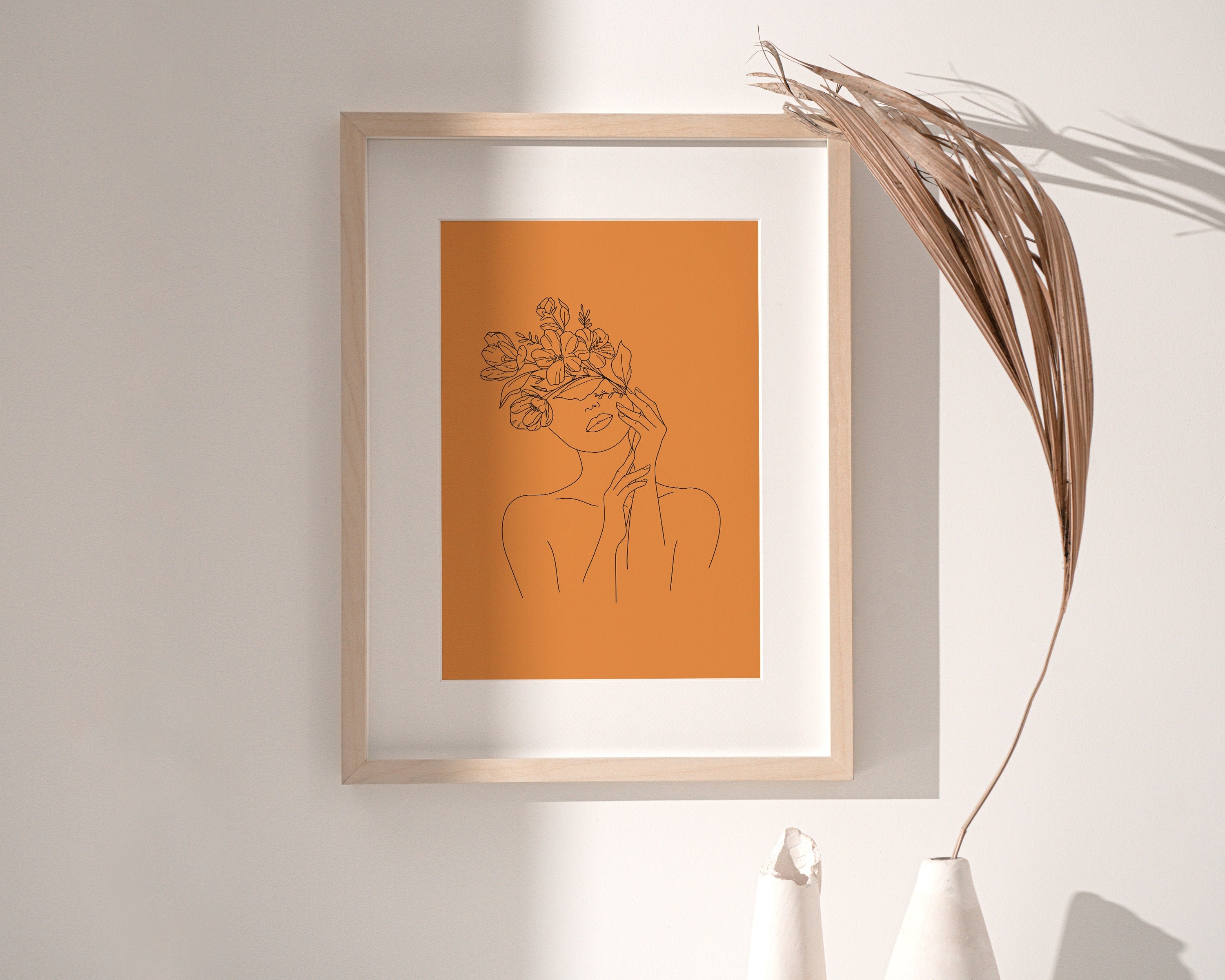 Flower Woman Art Print | Burnt Orange Line Drawing Woman | Woman With ...