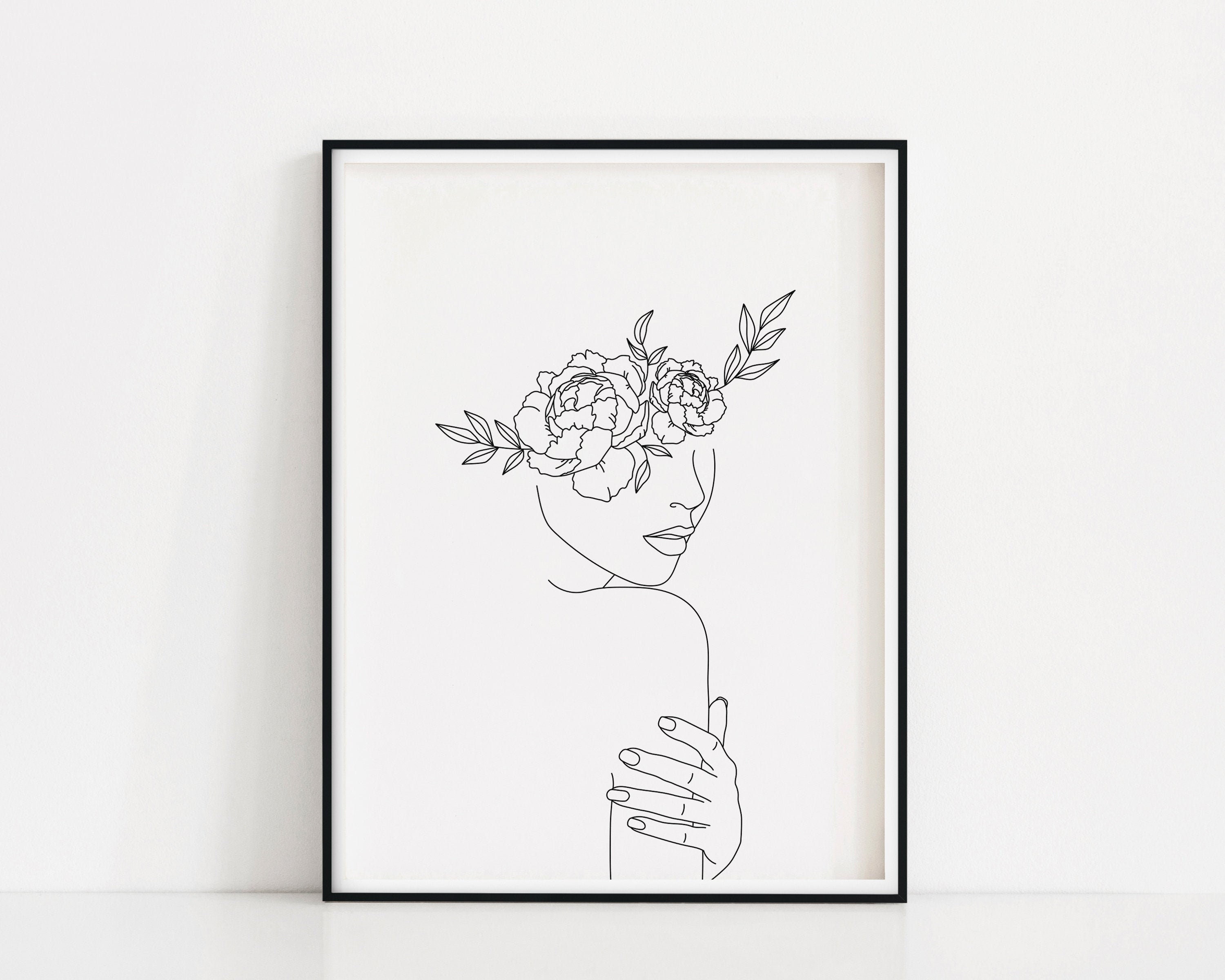 Minimal Line Art Drawing Woman With Roses Flowers Art Print By Utart