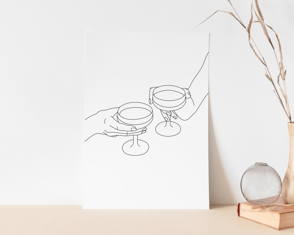 Cheers Drinks Art Print | Line Drawing Drinking Buddies | Gift for ...