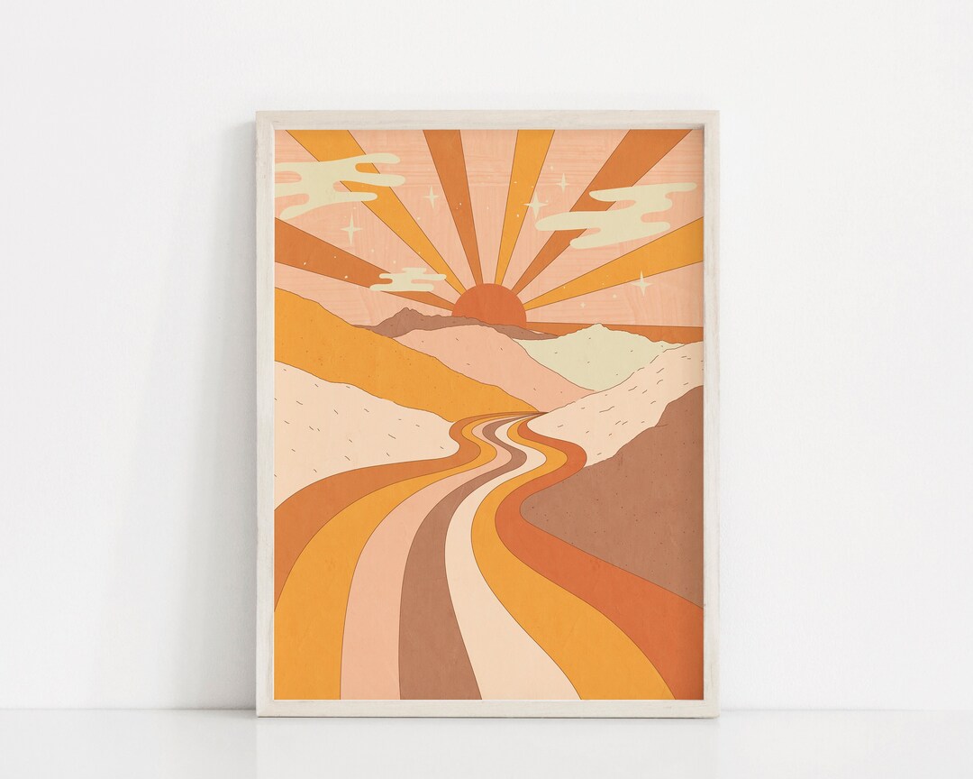 Neutral Sunset Landscape Art Print | Sunrise Valley Poster | Retro ...