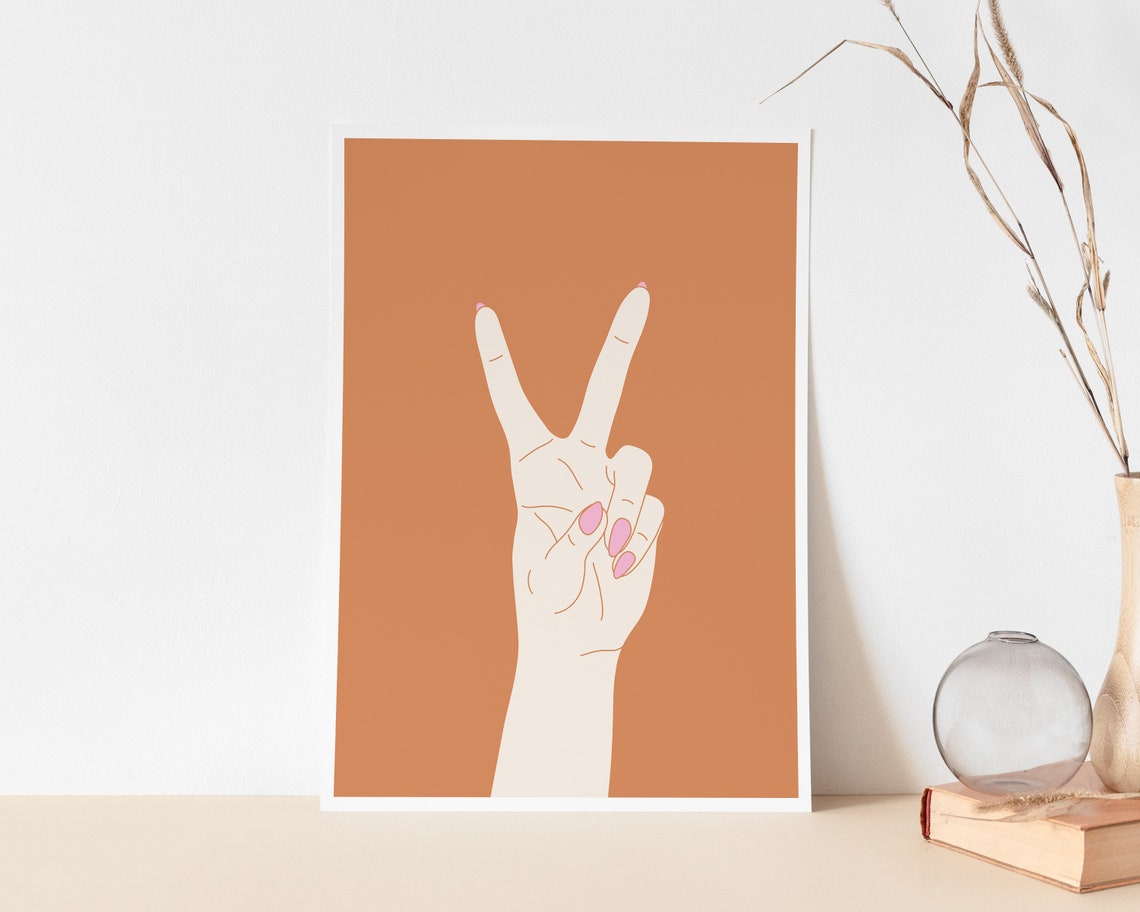 Peace Sign Art Print | Woman With Long Nails Poster | Line Art Female ...