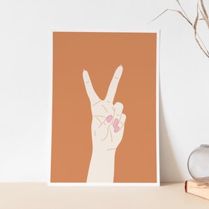 Peace Sign Art Print | Woman With Long Nails Poster | Line Art Female ...