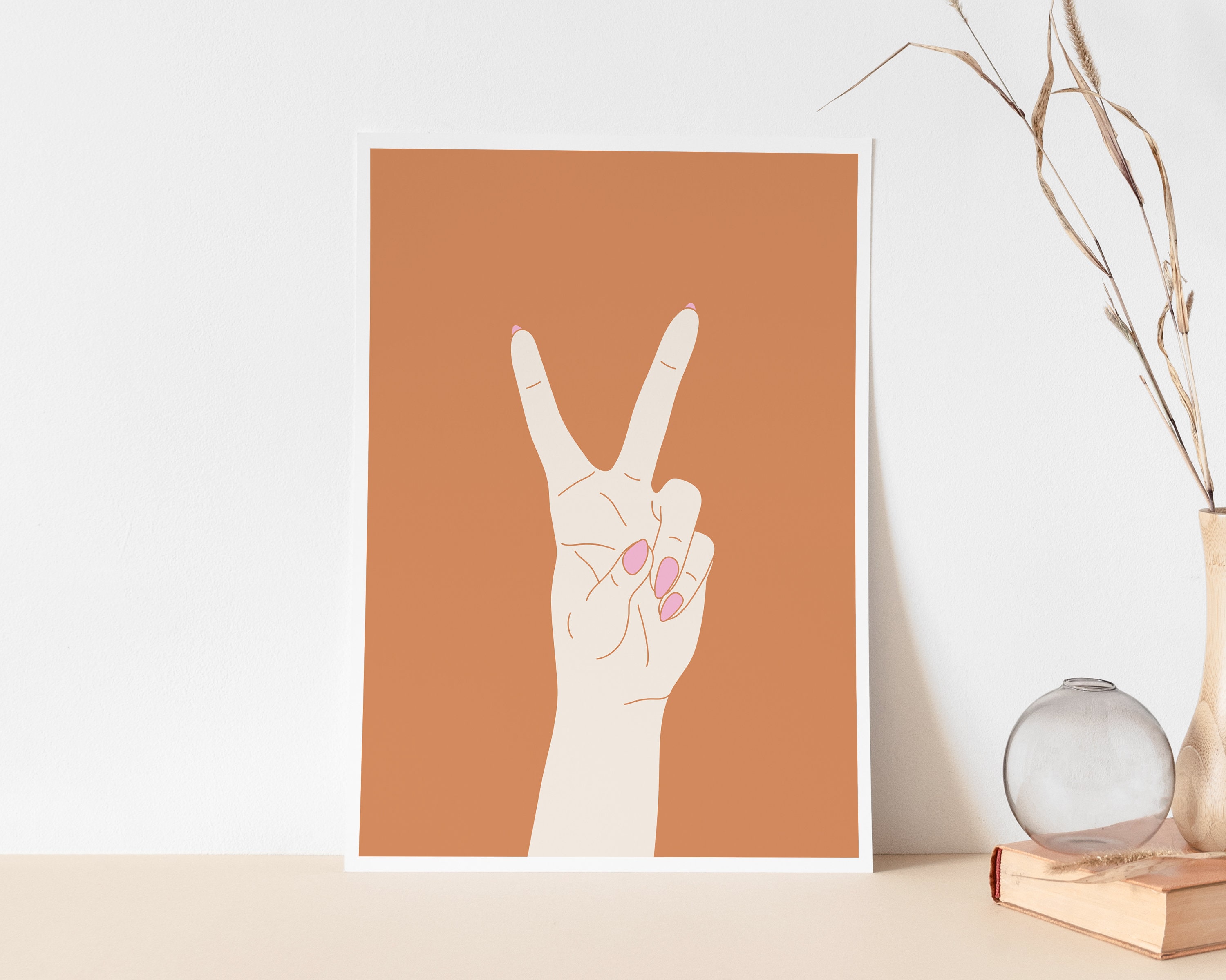Peace Sign Art Print | Woman With Long Nails Poster | Line Art Female ...