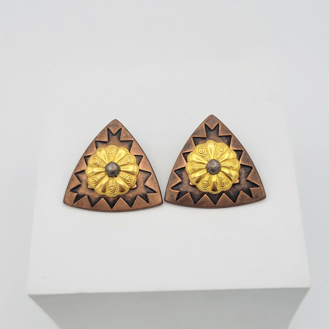 Vintage Oversize Mixed Metals Triangle Textured Stud Earrings Costume ...